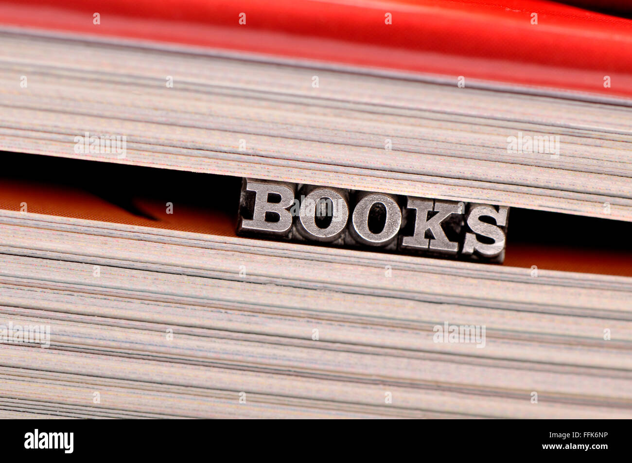 Letterpress characters spelling out BOOKS in a book in the pages of a ...