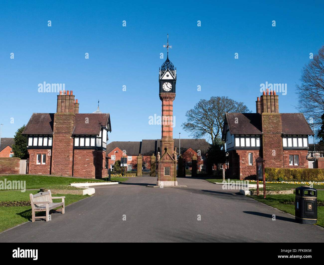Clock tower with lodges in Queens Park in Crewe Cheshire UK Stock Photo ...