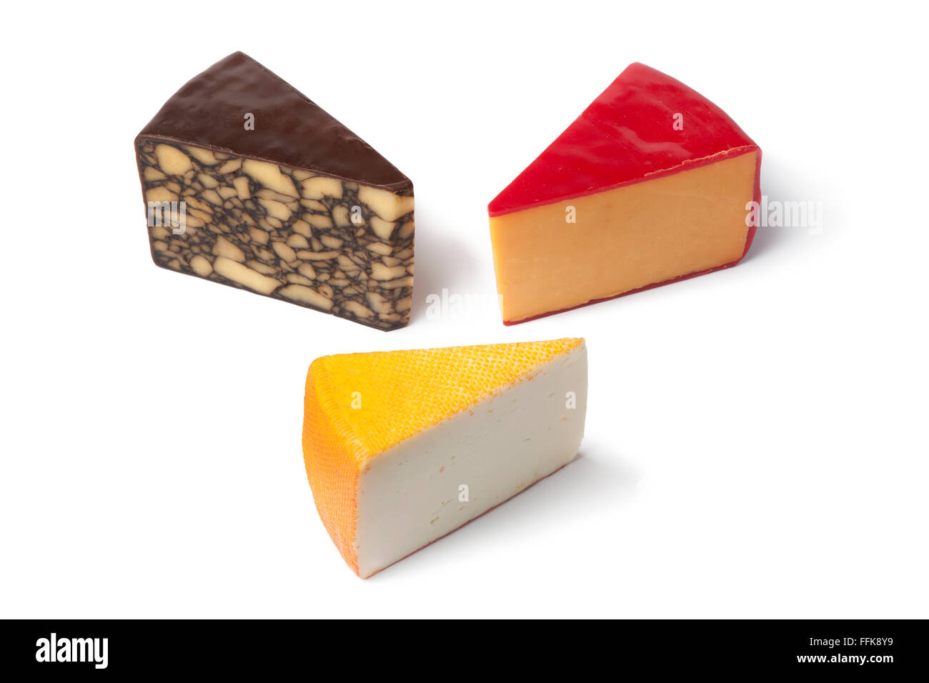 Three pieces of different type of cheese on white background Stock ...