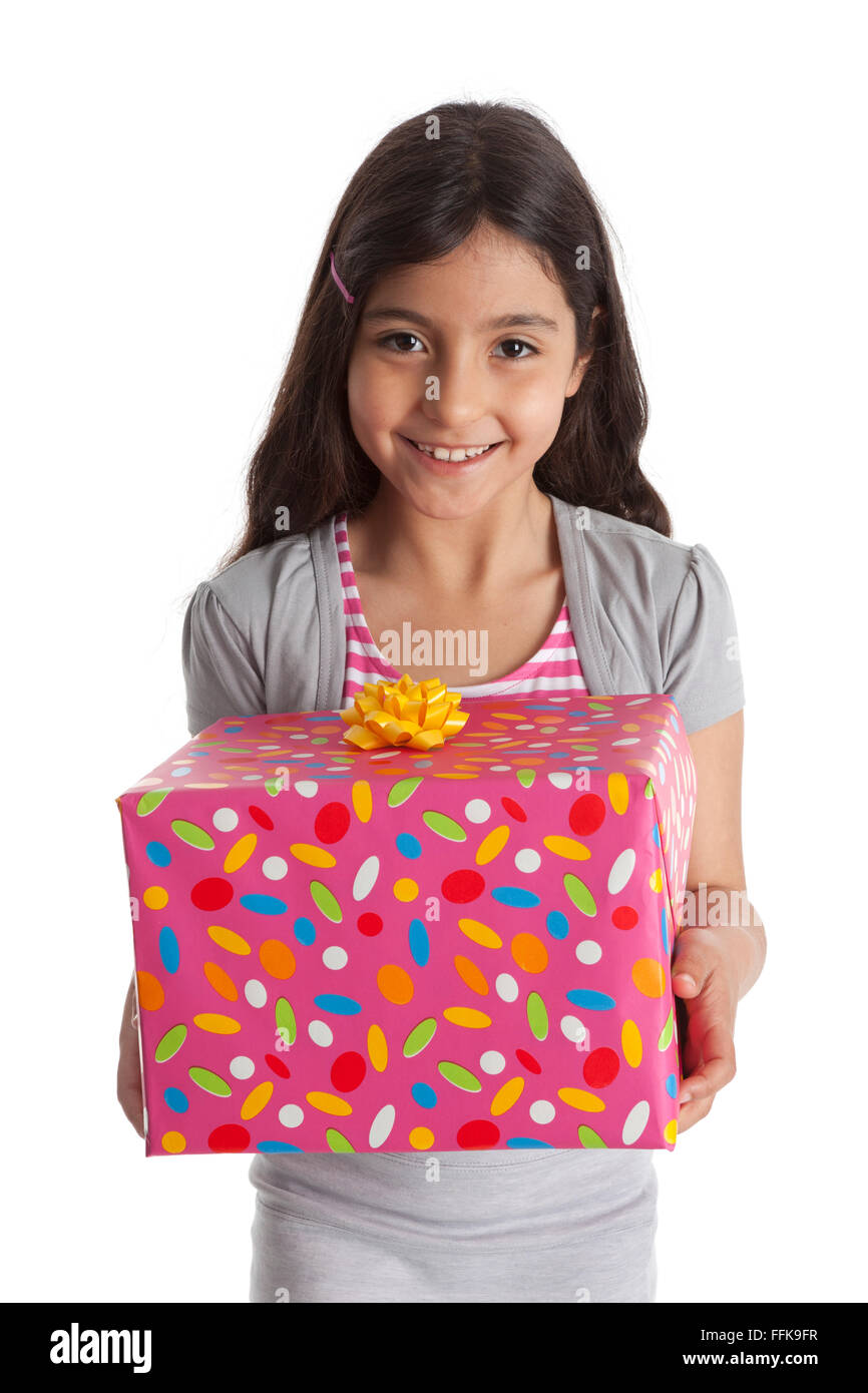 Happy girl with a a present on white background Stock Photo - Alamy