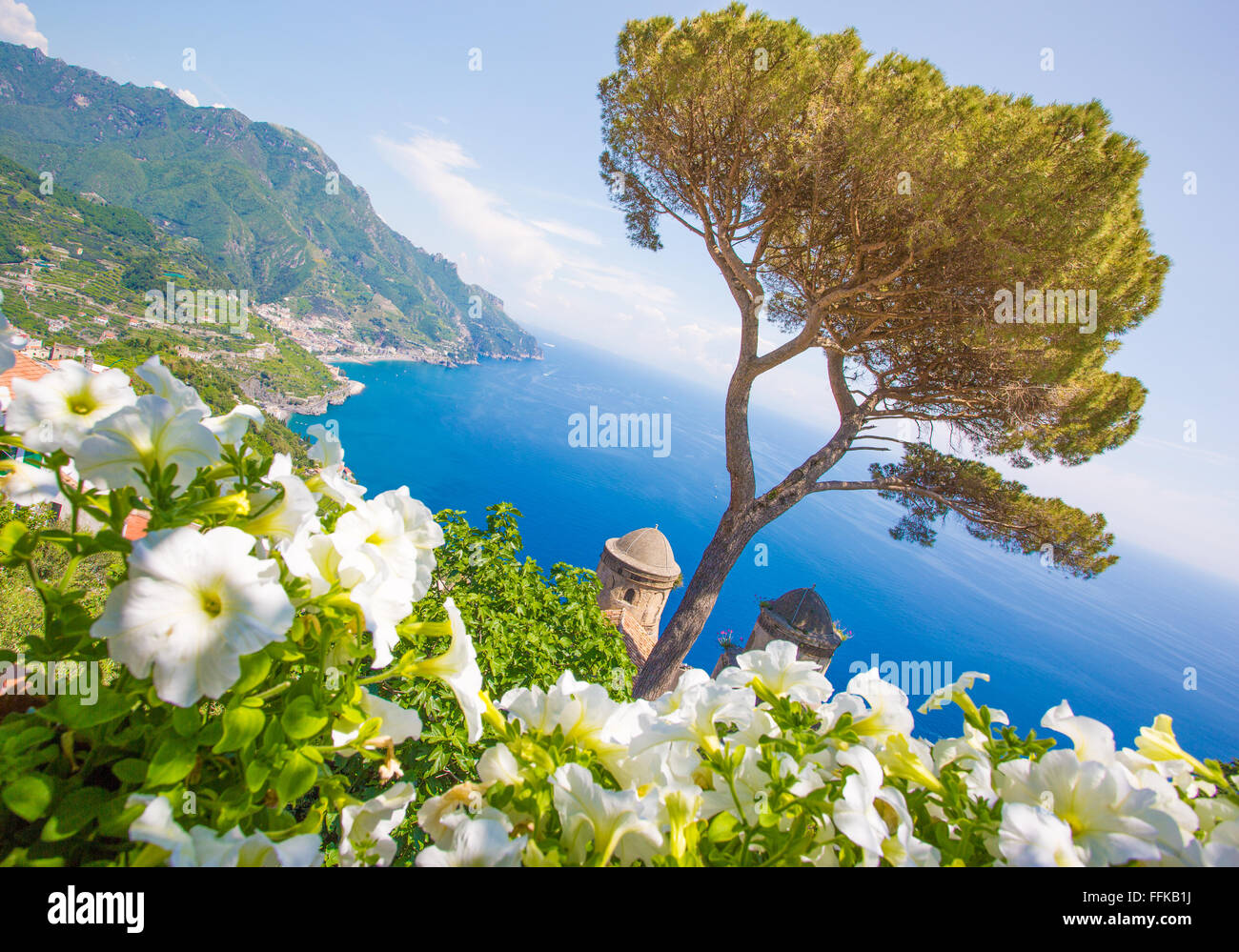 Ravello, Villa Rufolo, panorama of the Amalfi Coast, Italy Stock Photo ...