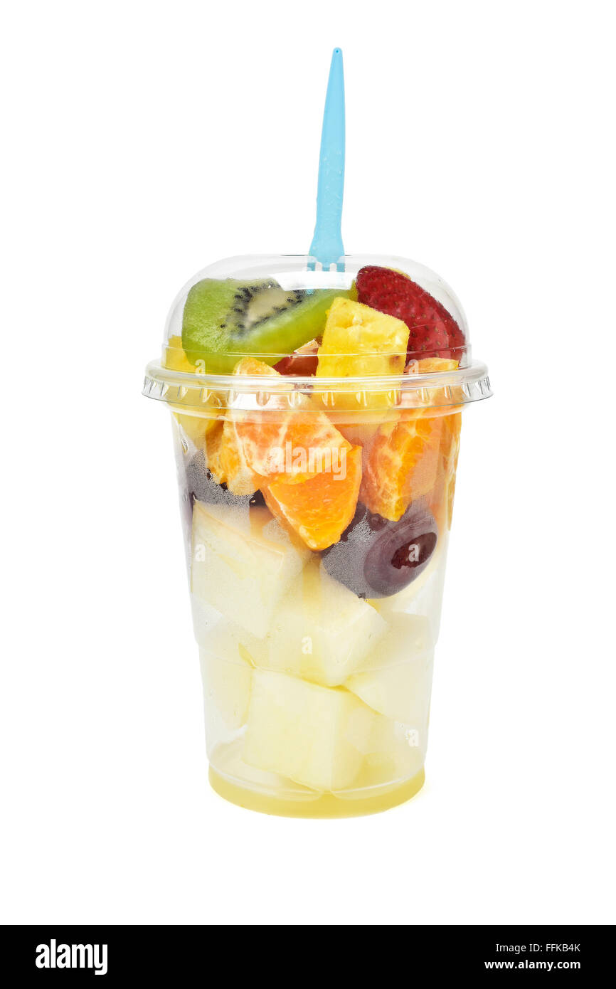 a fruit salad in a disposable plastic cup, on a white background Stock ...