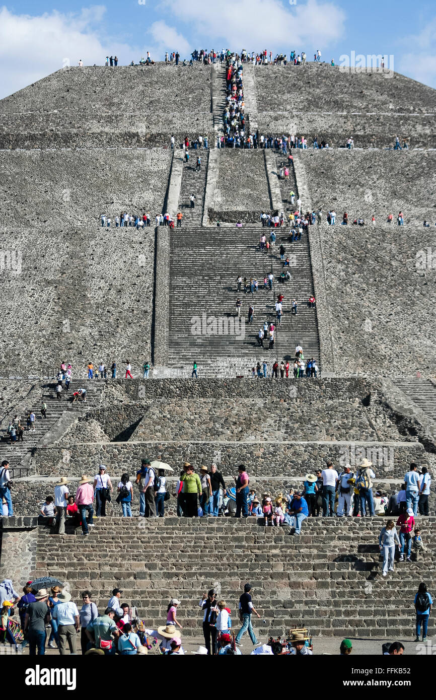 Mexico City, Mexico. View of Teotihuacan pyramid, crowded with visitors ...