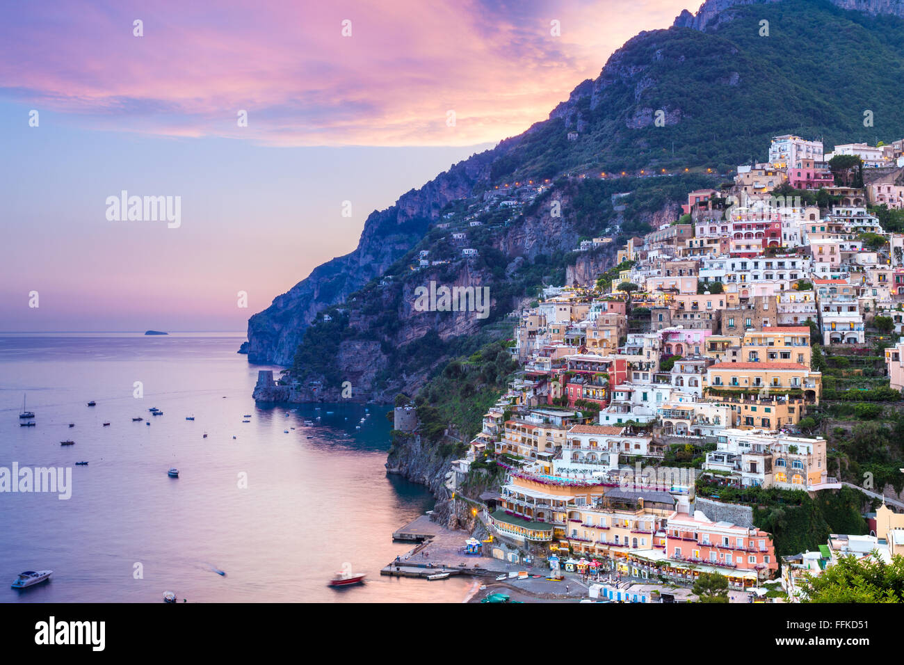 Positano at sunset, Amalfi Coast, Campania, Italy Stock Photo - Alamy