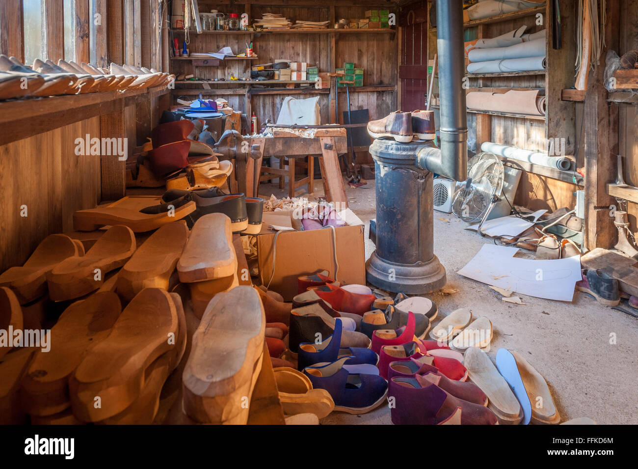 Interior of clog workshop at Museum of Welsh Life, St Fagans, Cardiff ...