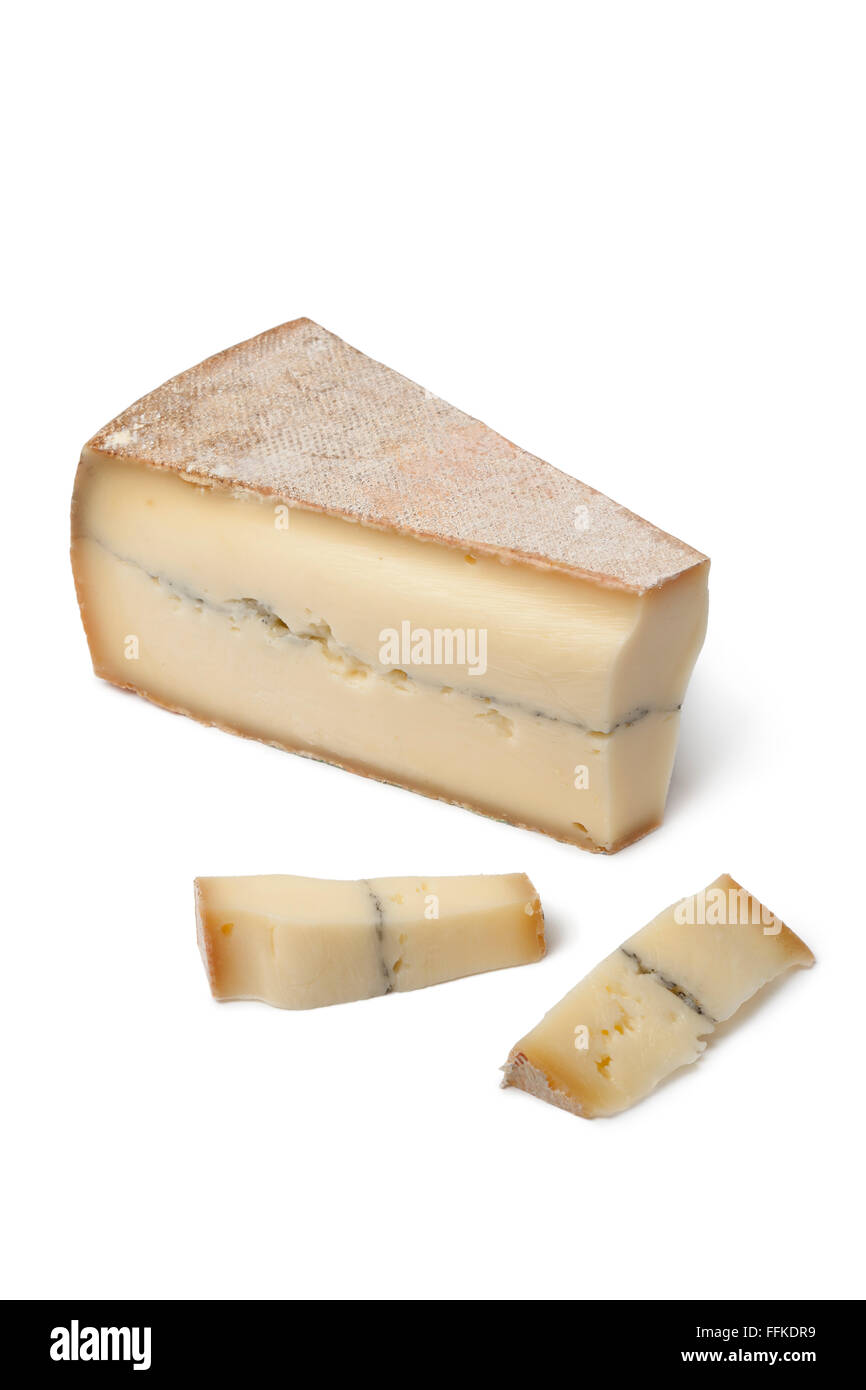 French Morbier cheese on white background Stock Photo - Alamy