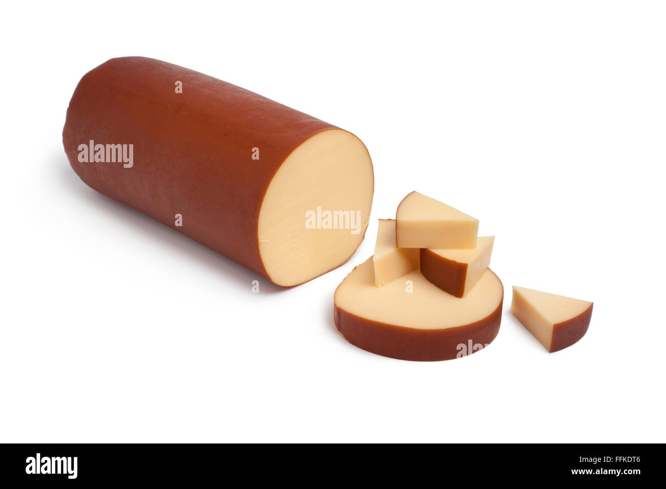 Dutch smoked cheese with pieces on white background Stock Photo - Alamy