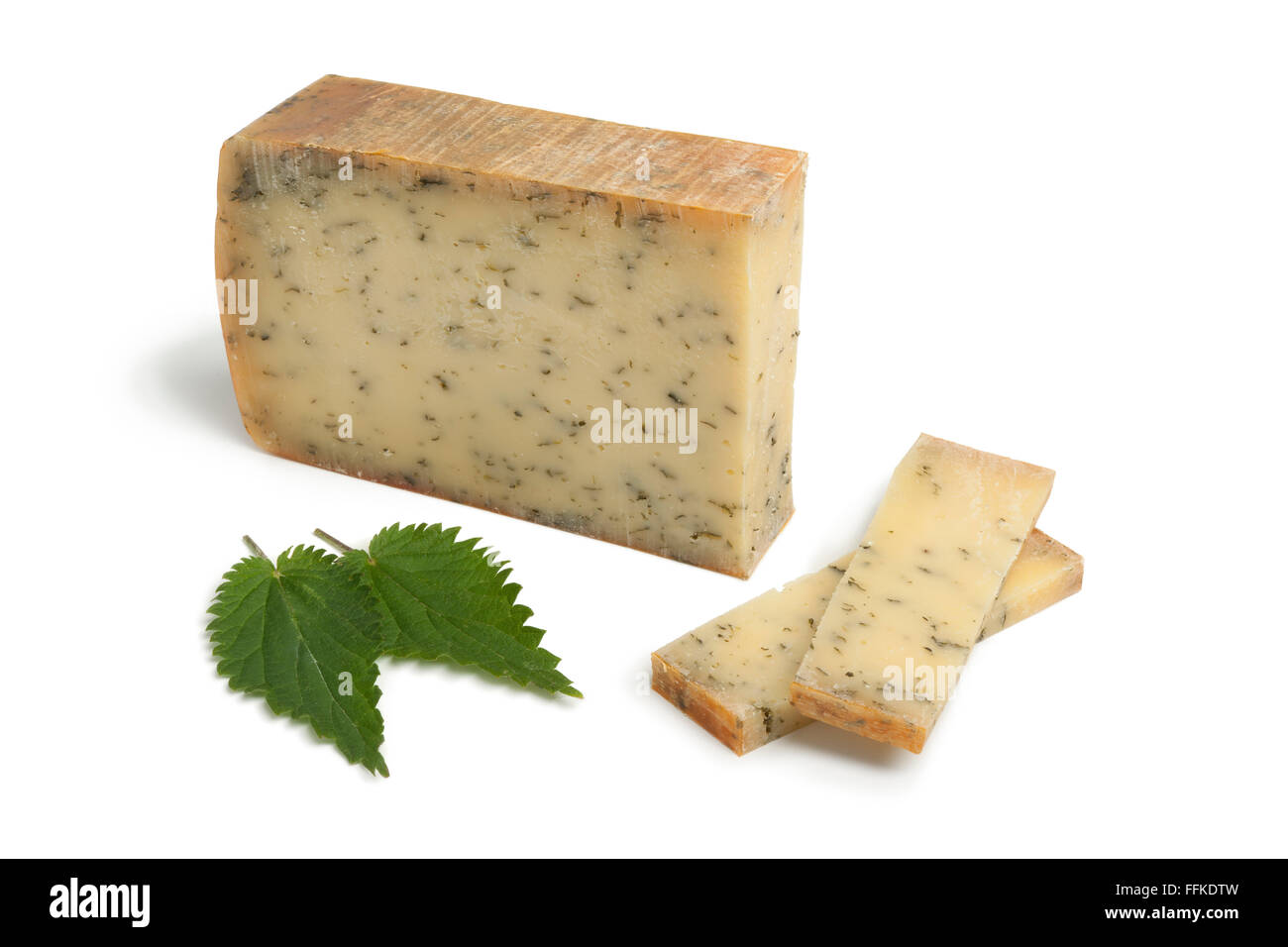 Piece of Nettle cheese and leaves on white background Stock Photo - Alamy