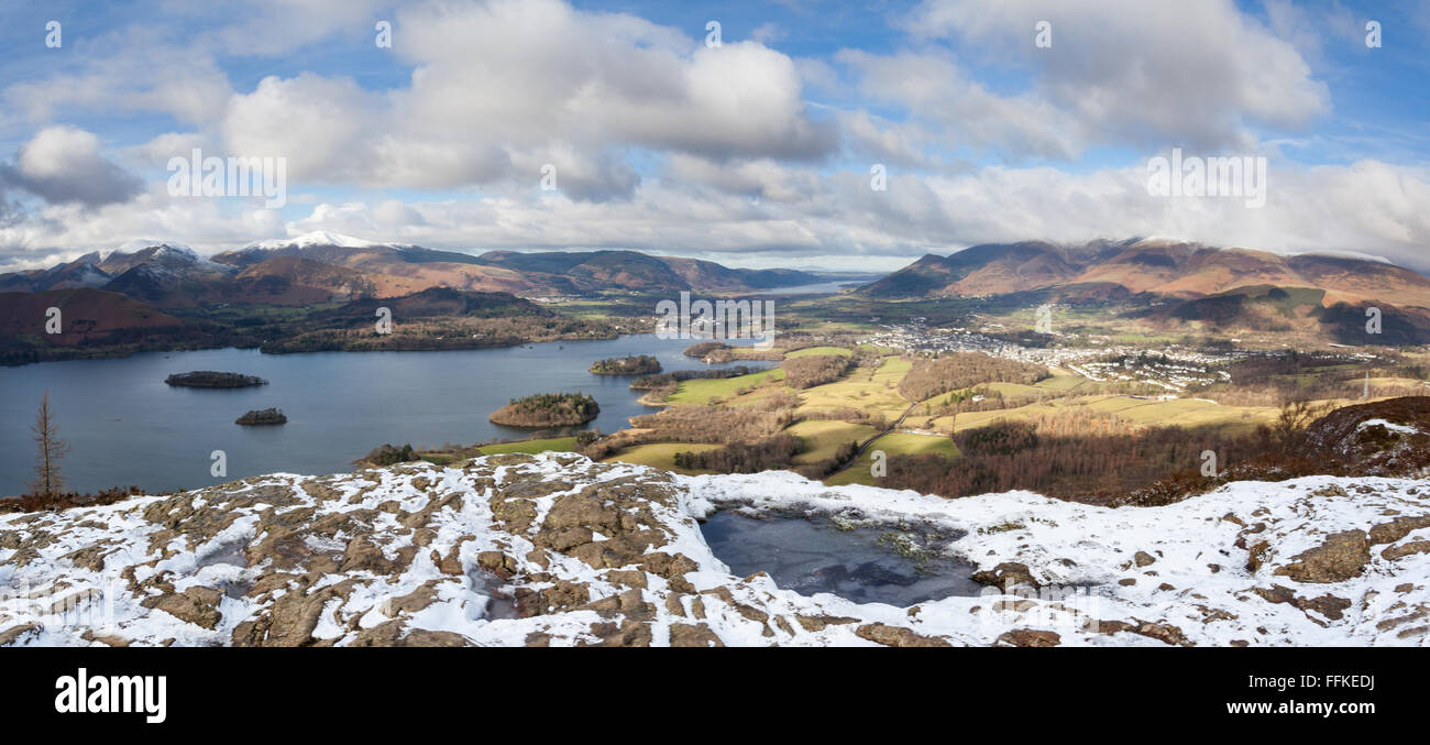 Keswick, Derwent Water, Skiddaw, Catbells viewed from the snow dusted ...