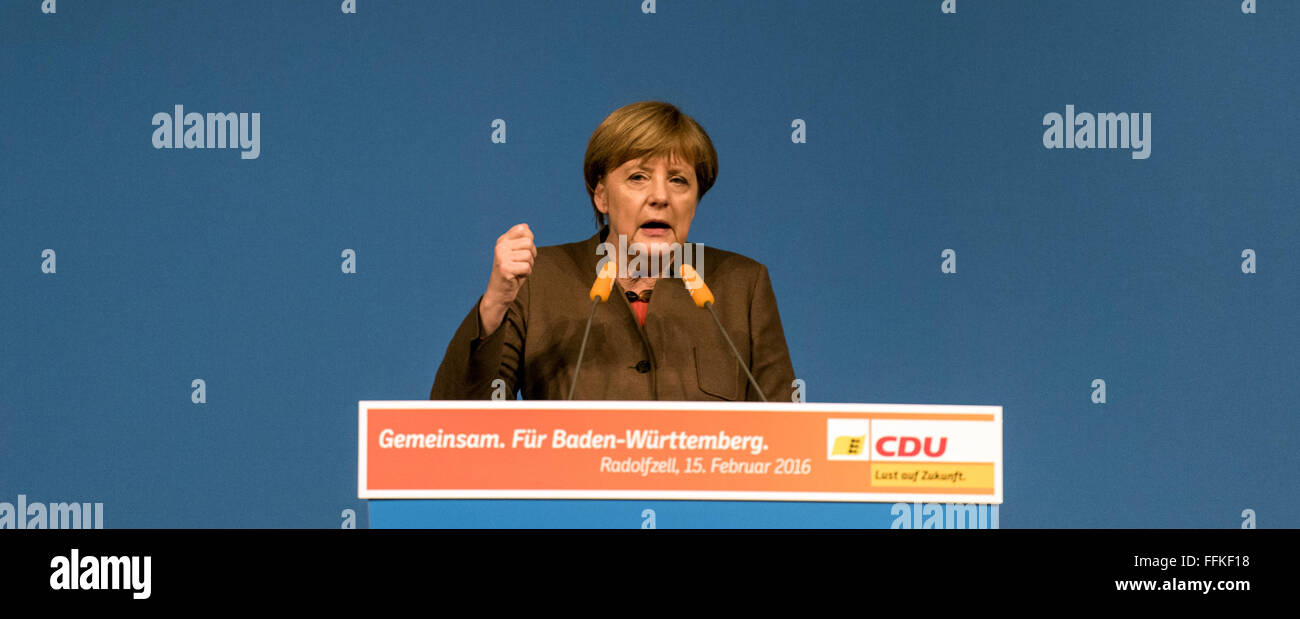 Radolfzell, Germany. 15th Feb, 2016. German Chancellor Angela Merkel ...