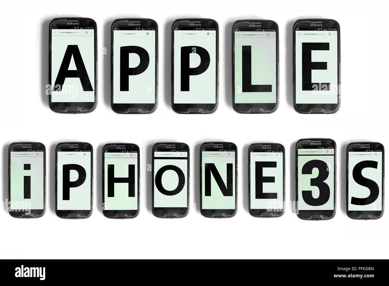 Apple iPhone 3s written on the screens of smartphones photographed against a white background ...