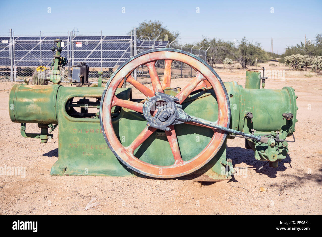 beautiful faded green steam driven pump displayed on grounds of Asarco ...