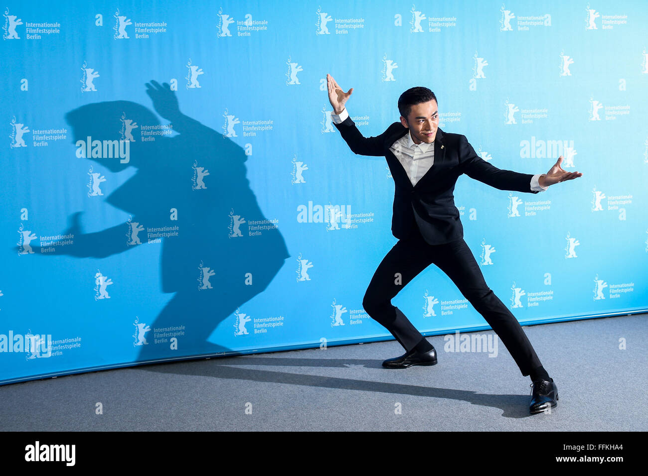 Berlin, Germany. 15th Feb, 2016. Wu Lipeng poses during a photocall for the promotion of the ...