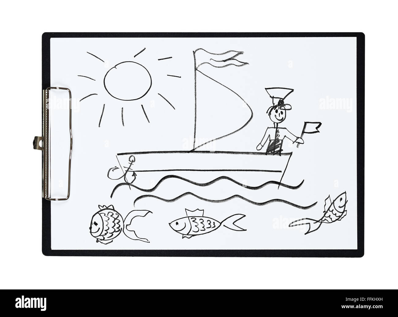Clipboard and paper sheet with pencil drawing sailboat and sailor ...