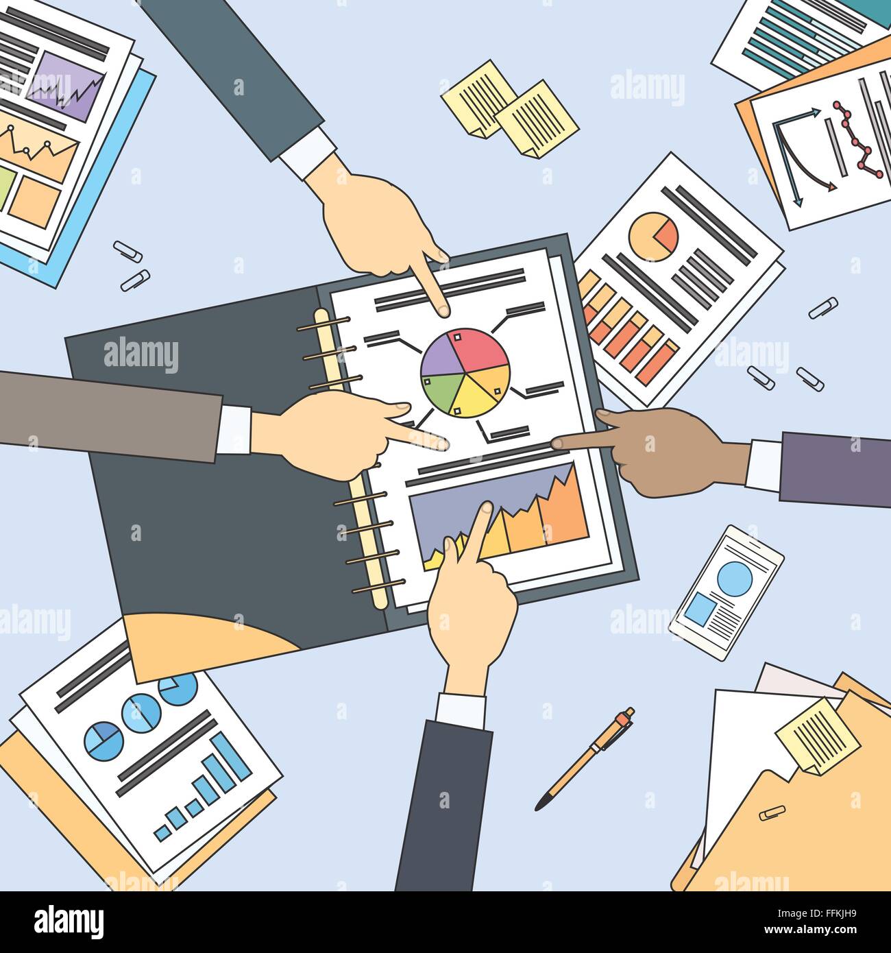 Hands Point Finger Pie Diagram, Businessmen Show Finance Graph Charts ...