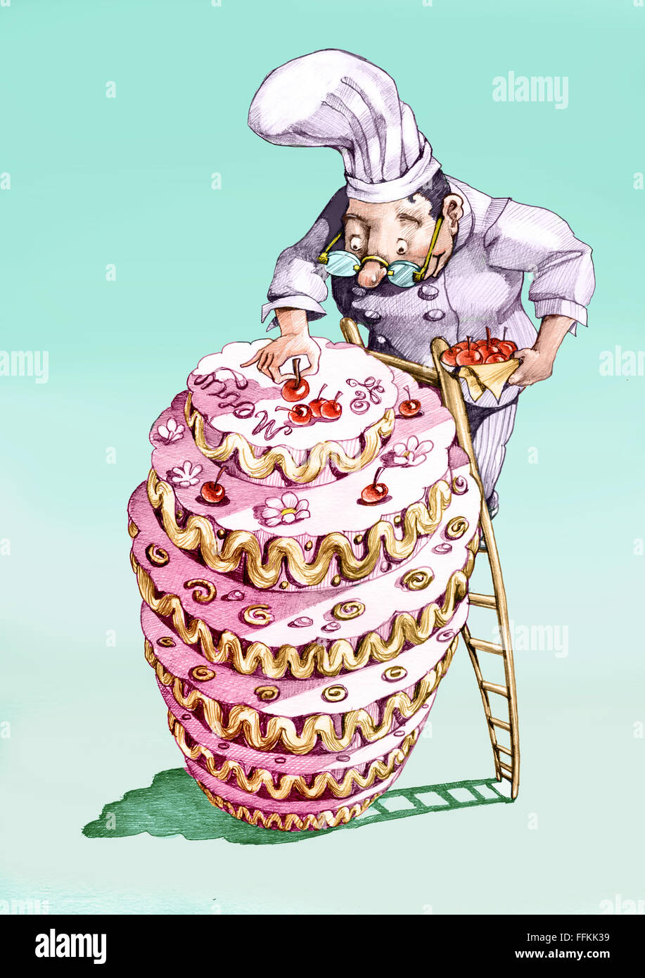 a baker climbed a ladder to decorate a cake top Stock Photo - Alamy