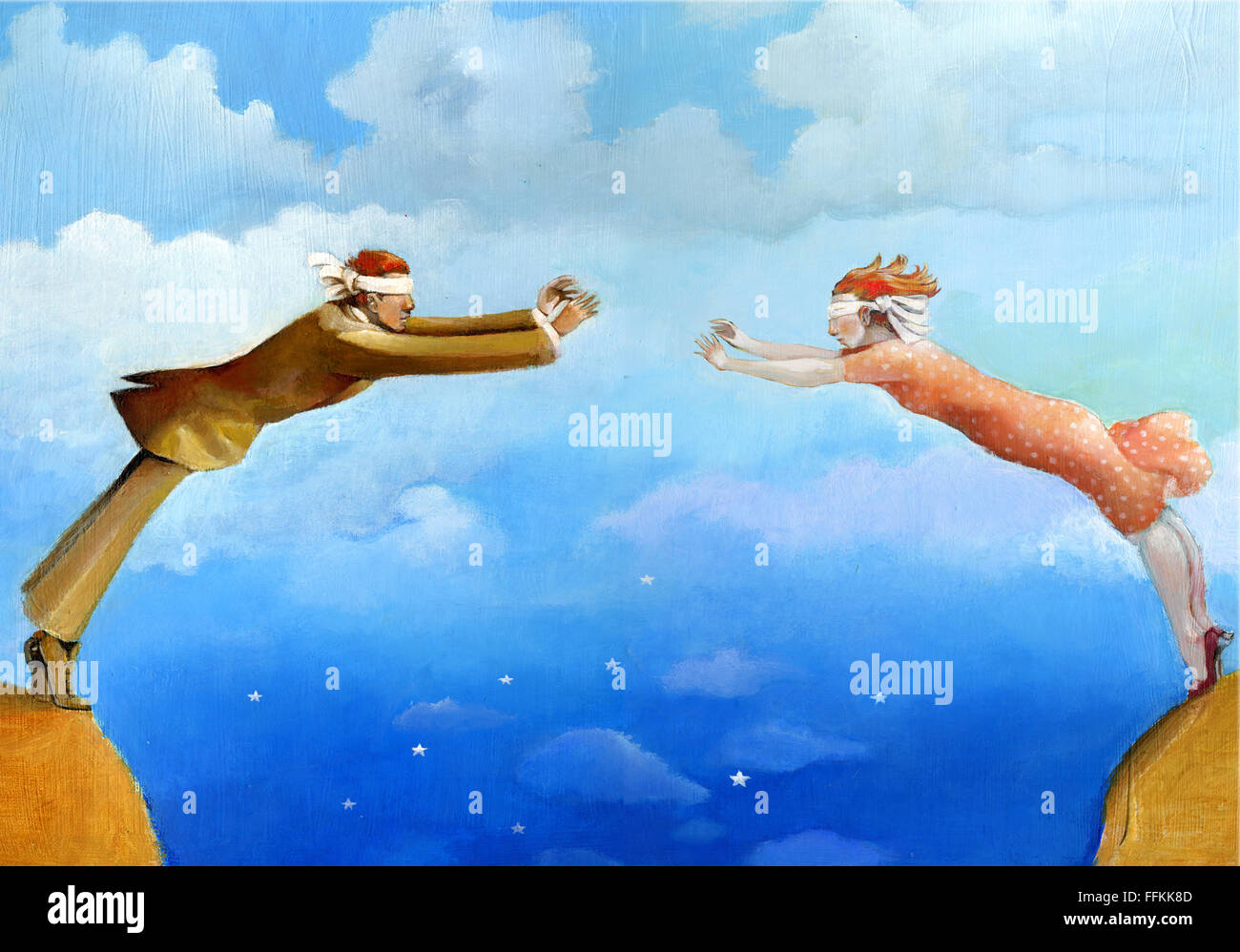 a pair blindfolded approaches from two hills forming a bridge trusting ...