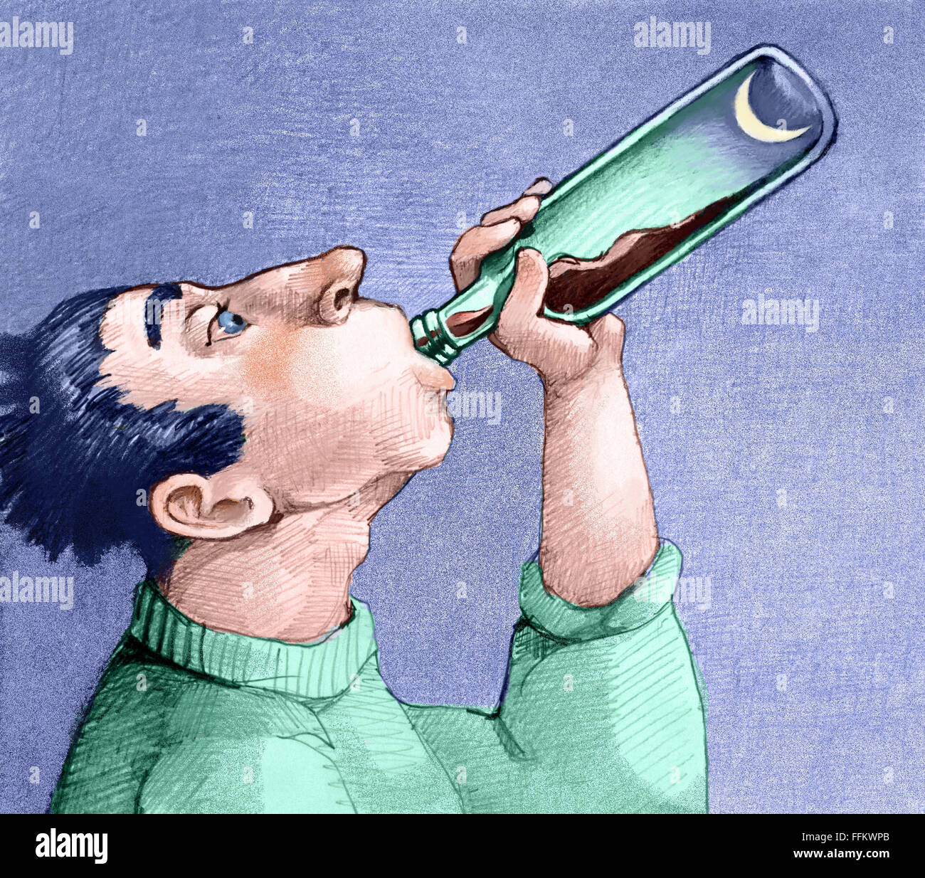 an alcoholic empties a bottle and see the moon on the bottom Stock ...