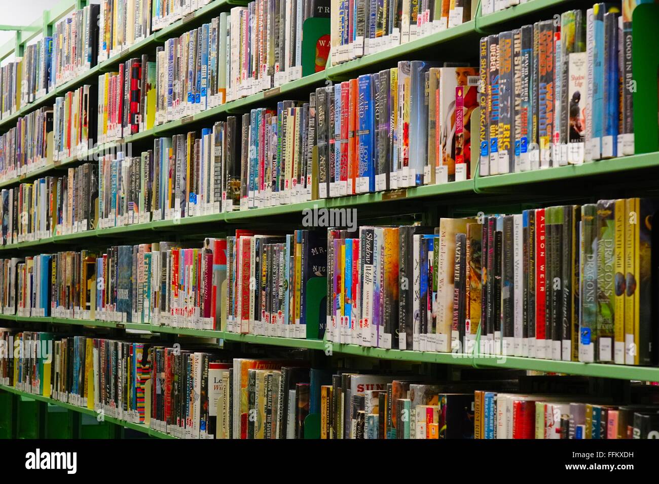 Crowded bookshelves st the Ormond branch of the Volusia Public Library ...