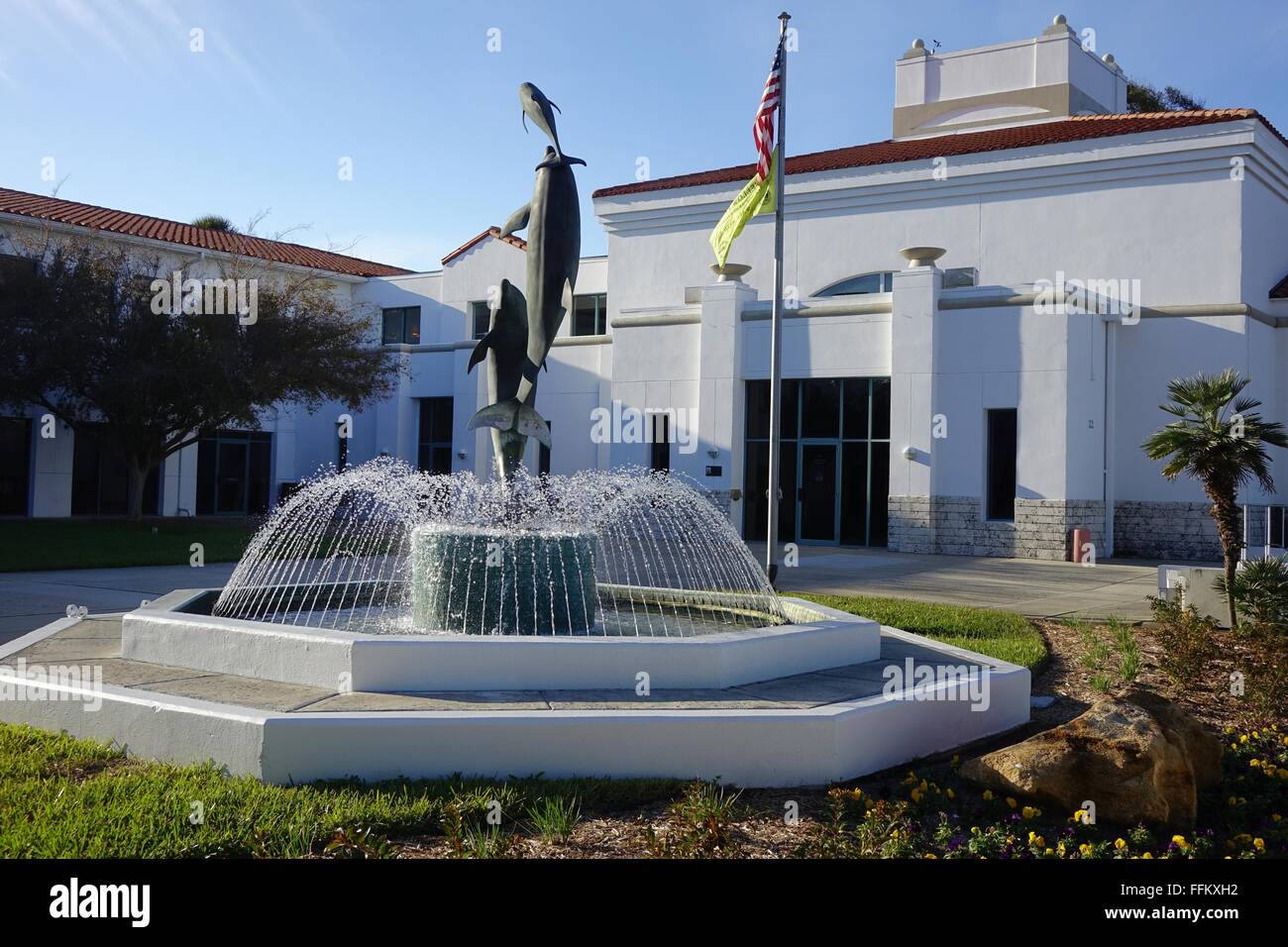 Dolphin sculpture and fountain outside Ormond Beach city hall, Volusia ...