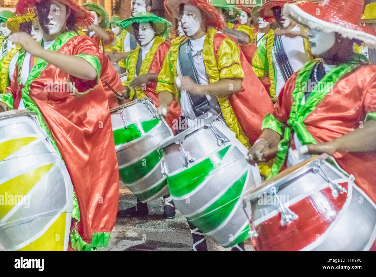 MONTEVIDEO, URUGUAY, JANUARY - 2016 - Costumed men drummers playing ...