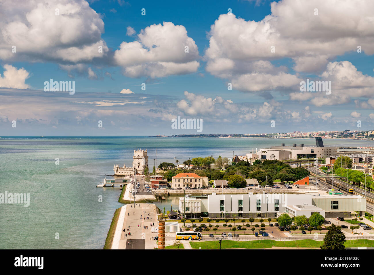Aerial view of Belem Tower located on the Tagus River, Lisbon, Portugal ...