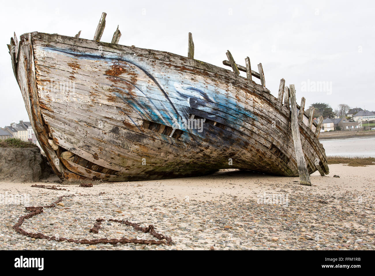 Werck wood boat on the beach, France Normandy Cotentin viking Stock ...