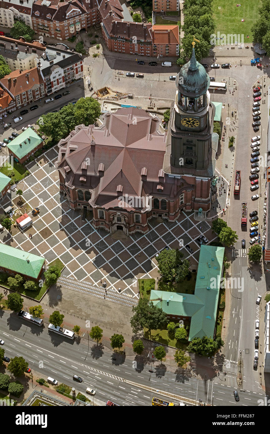 Aerial view, tower of St. Michaelis Church, landmark of Hamburg Michel ...