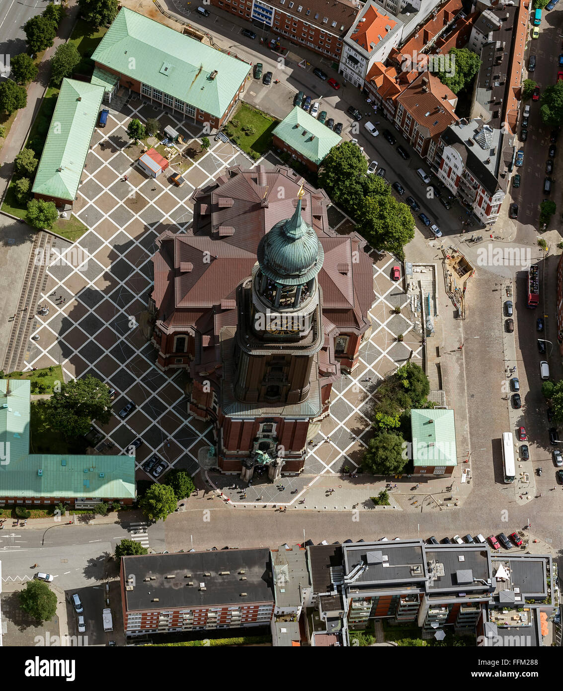 Aerial view, tower of St. Michaelis Church, landmark of Hamburg Michel ...