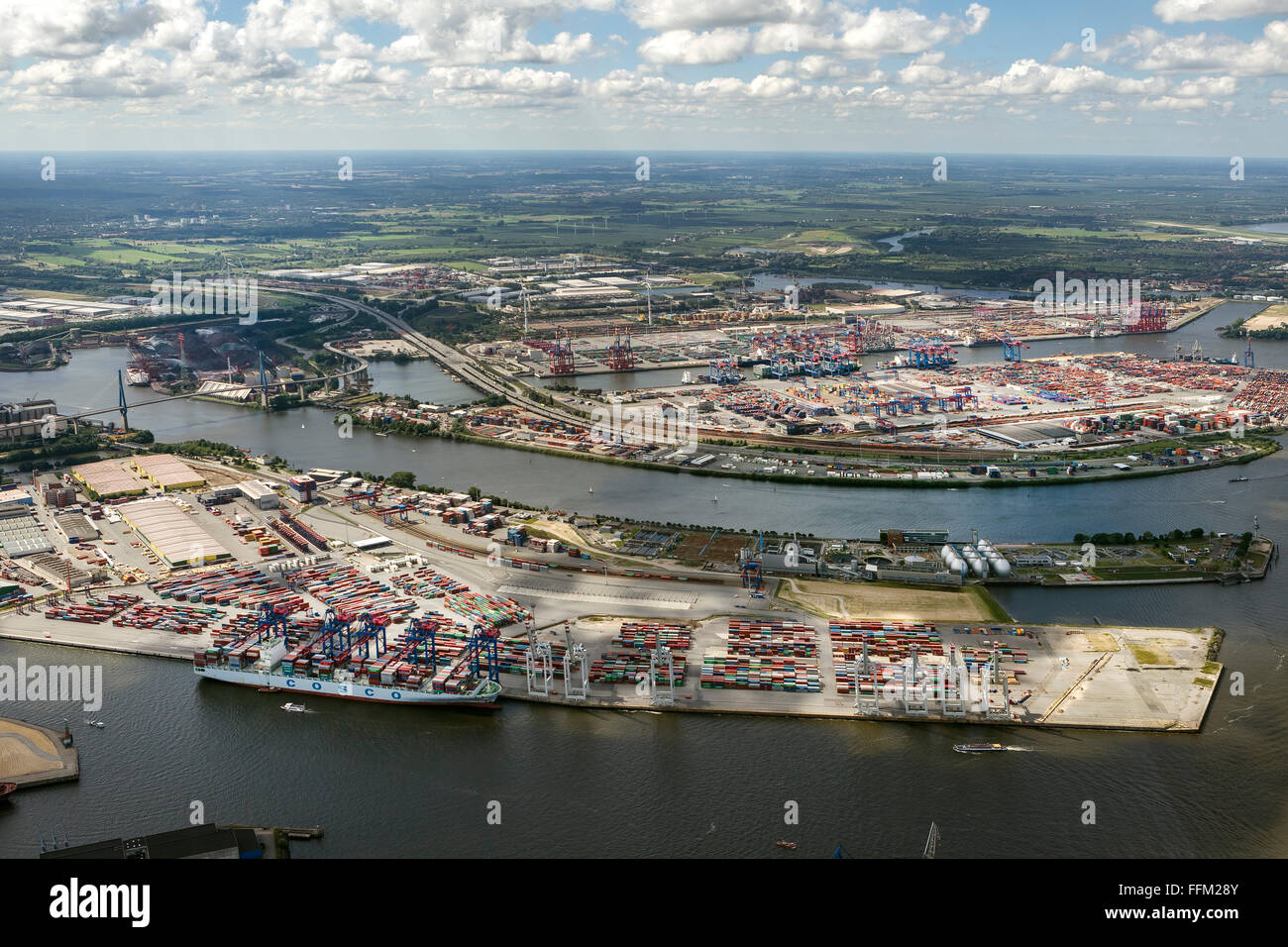 Aerial view, container port, Waltershof harbor, container ships, Euro ...