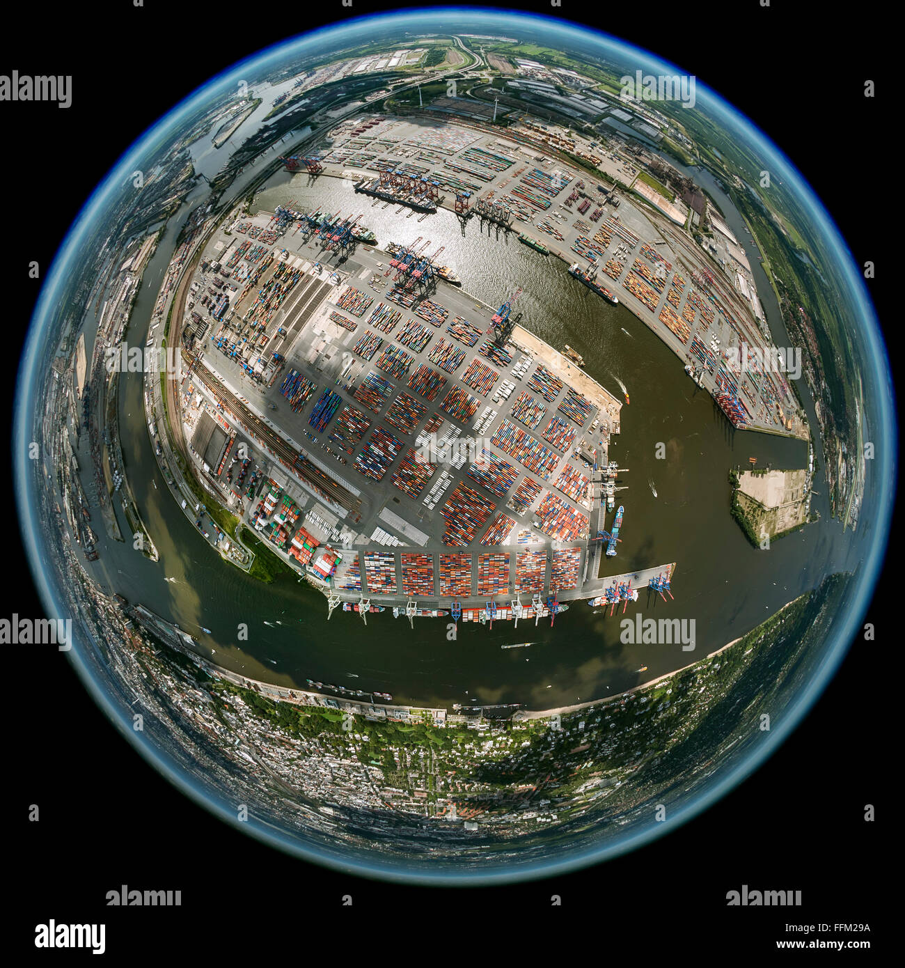 Aerial view, container port, Waltershof harbor, container ships ...
