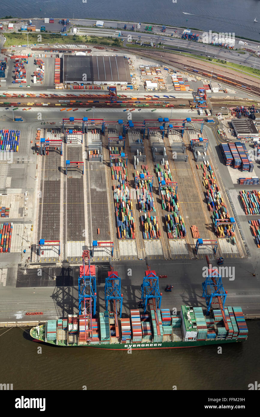 Aerial view, container port, Waltershof harbor, container ships, Euro ...
