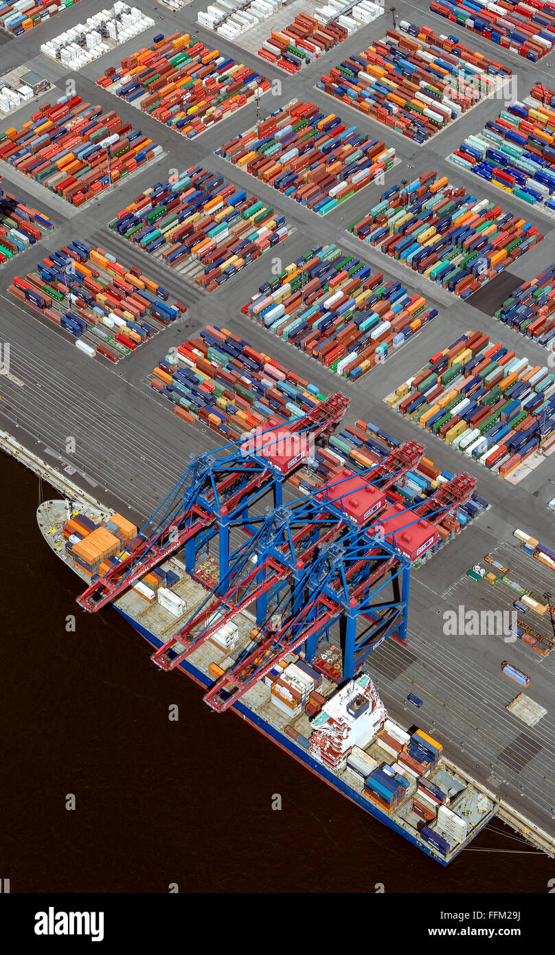 Aerial view, container port, Waltershof harbor, container ships, Euro ...