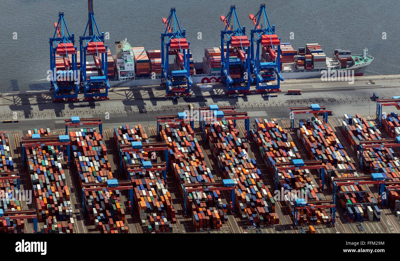 Aerial view, container port, Waltershof harbor, container ships, Euro ...