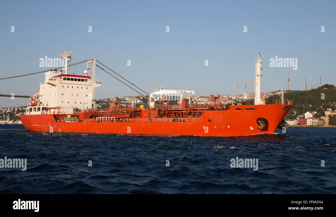Orange Tanker Ship Passing in Bosphorus Strait Stock Photo - Alamy