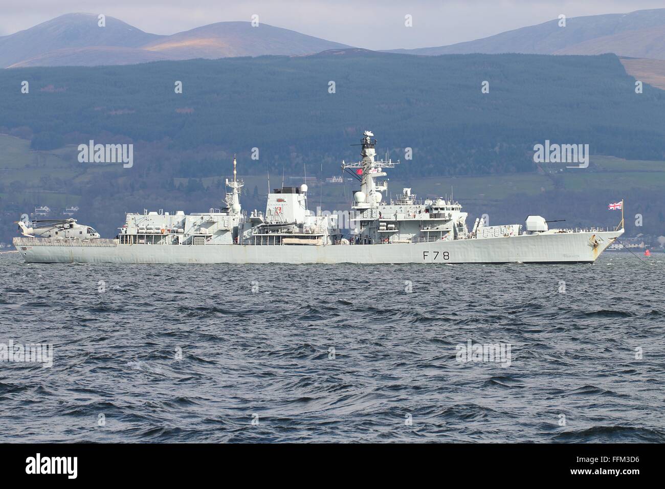 HMS Kent (F78), a Type-23 or Duke-class frigate of the Royal Navy, off ...