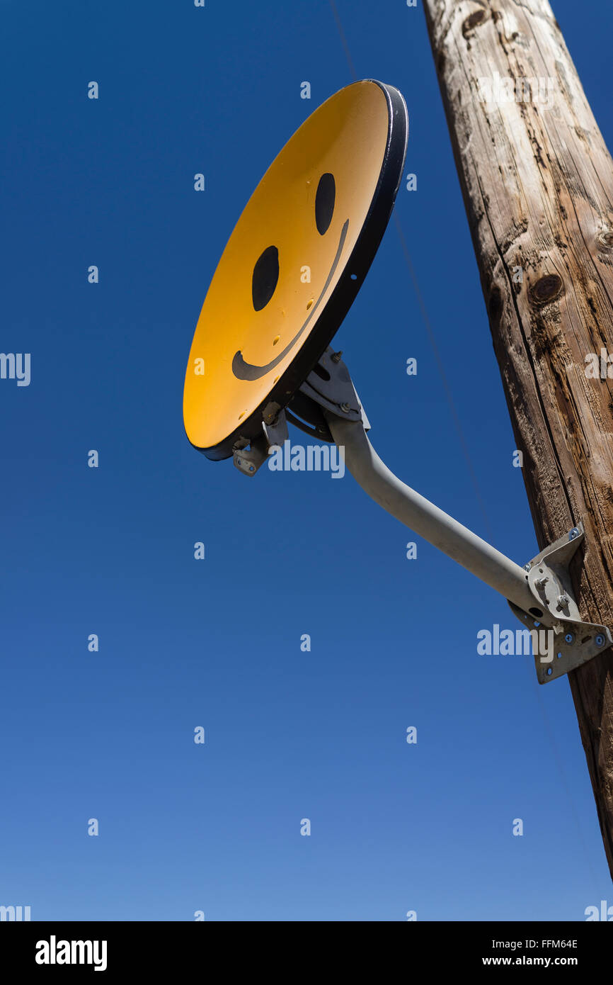 A yellowish orange smiley face satellite antenna attached to a wooden ...