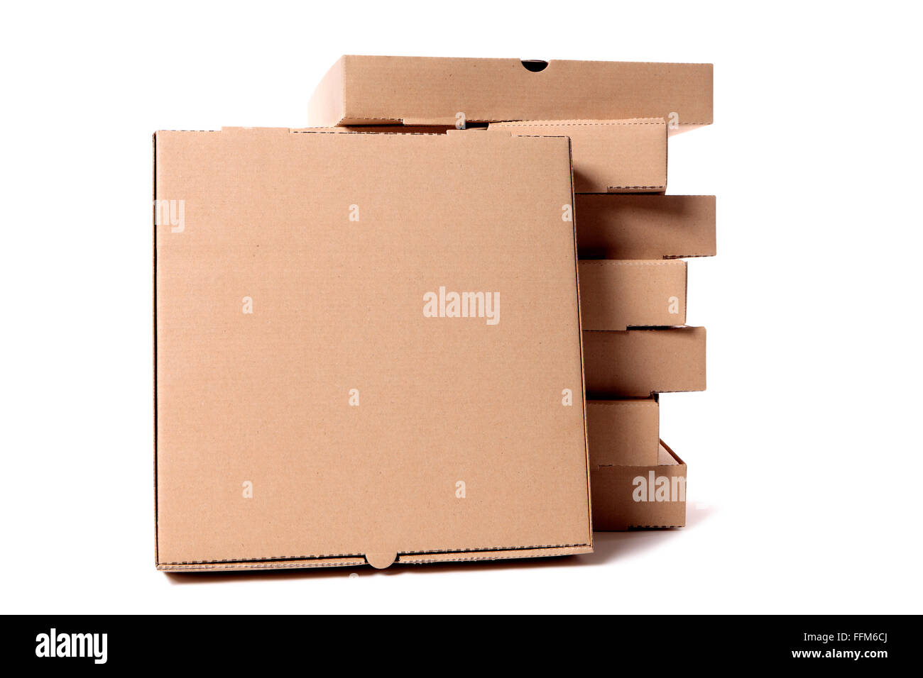 Stack of plain brown pizza boxes with one front facing box for display ...