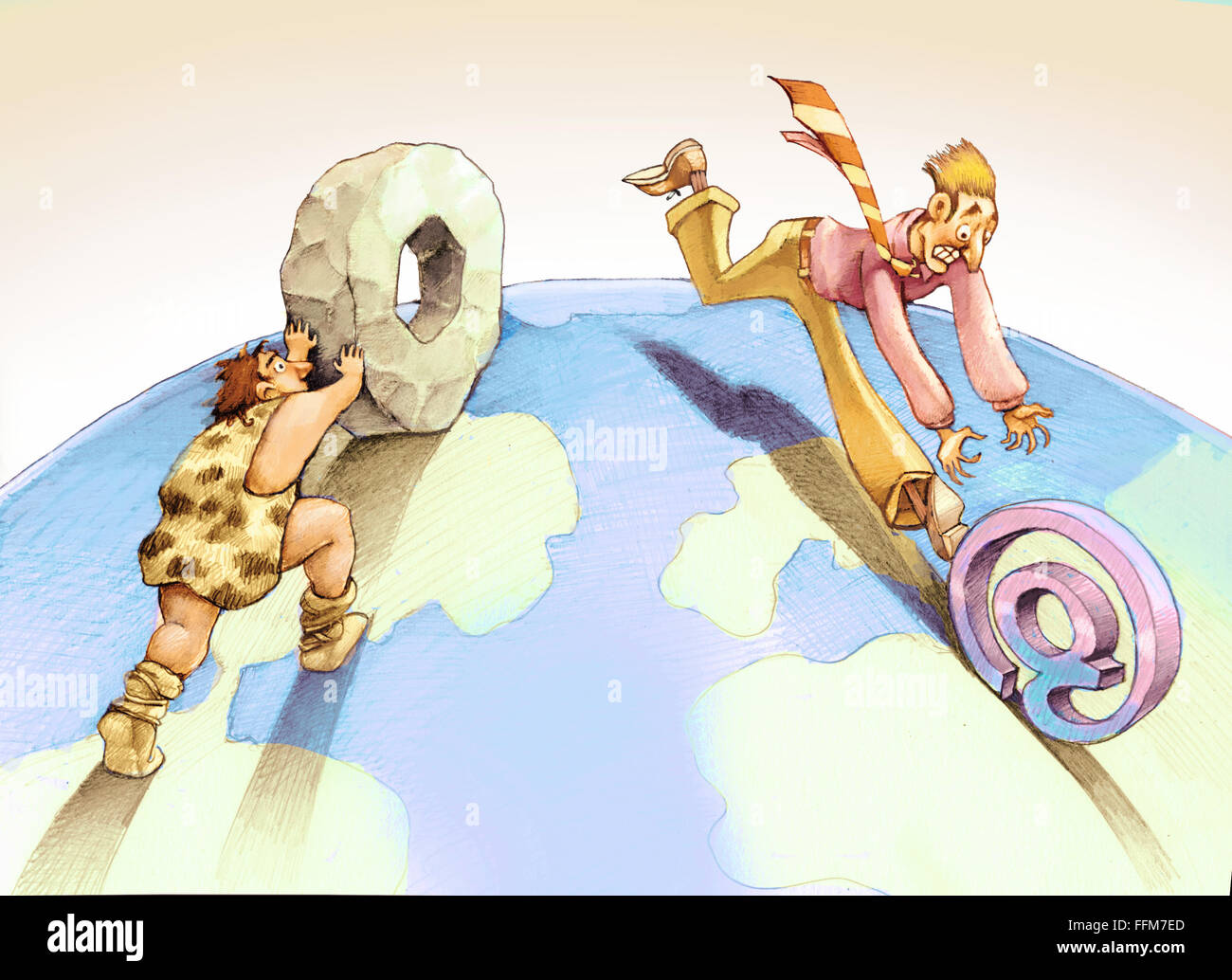 a caveman pushing barely a stone wheel symbol of the ancient work, an ...