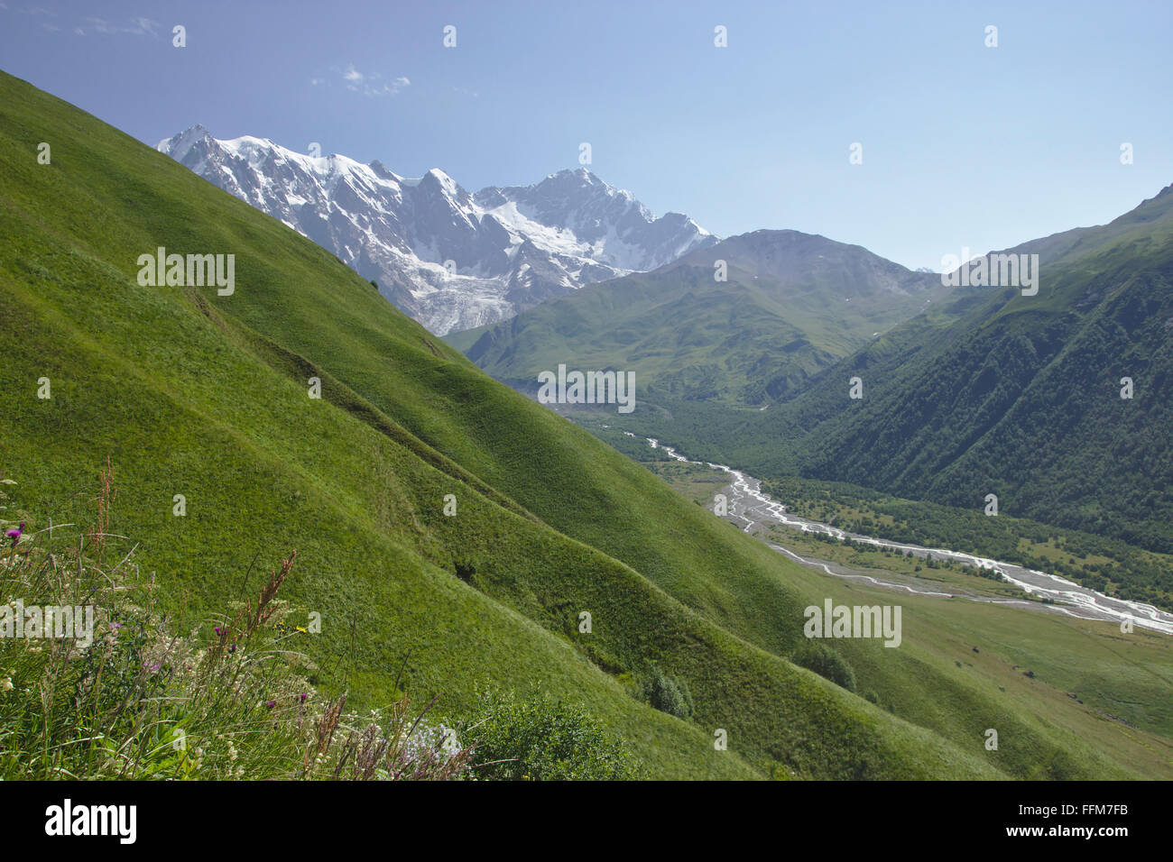 Dzhangi-Tau and Shkhara with Khalde Glacier, from the southern side of ...