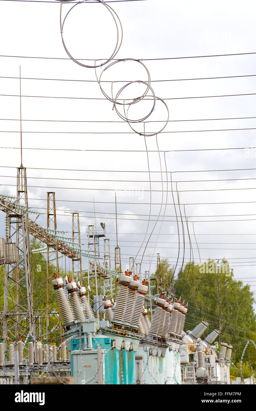 Electrical substation poles and wires Stock Photo - Alamy
