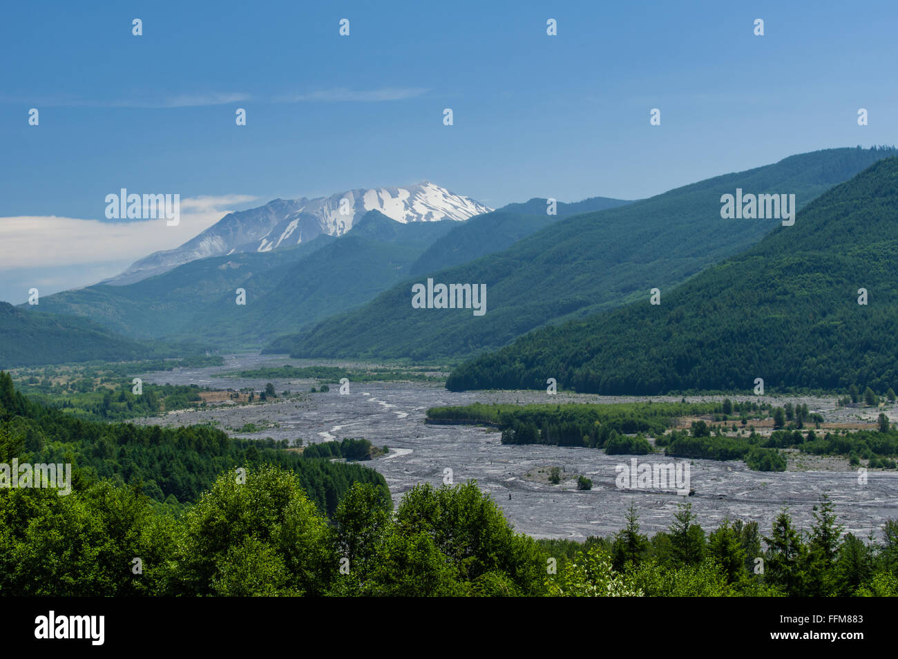 View of Mount St Helens showing volcanic ash flow along the North Fork ...