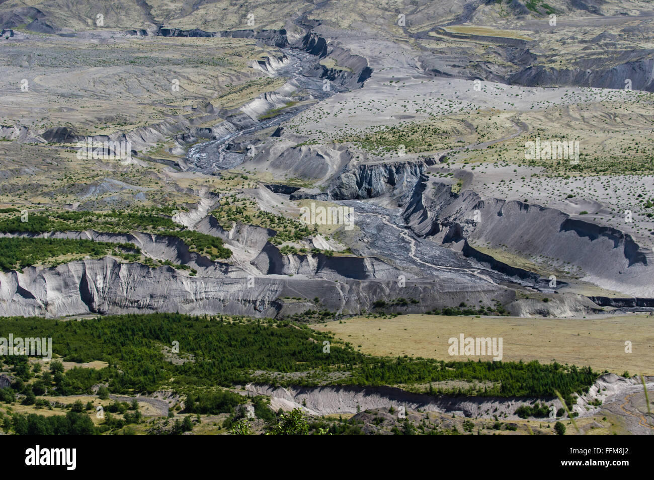 View of volcanic ash deposits and stream flows near Mount St Helens ...