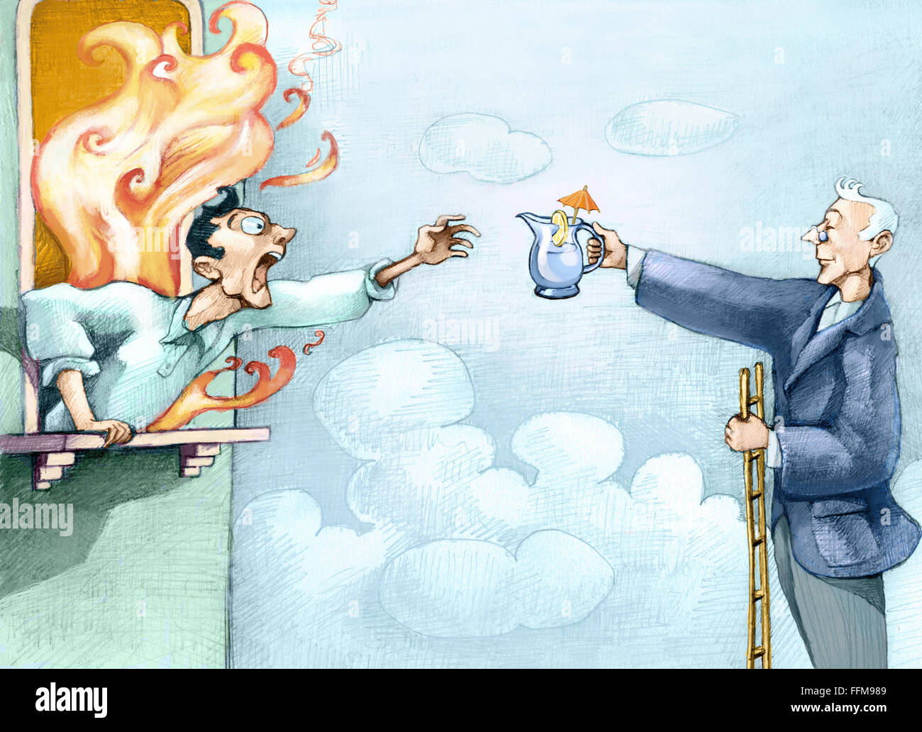 a man leans shouting from a window in flames screaming for help ...