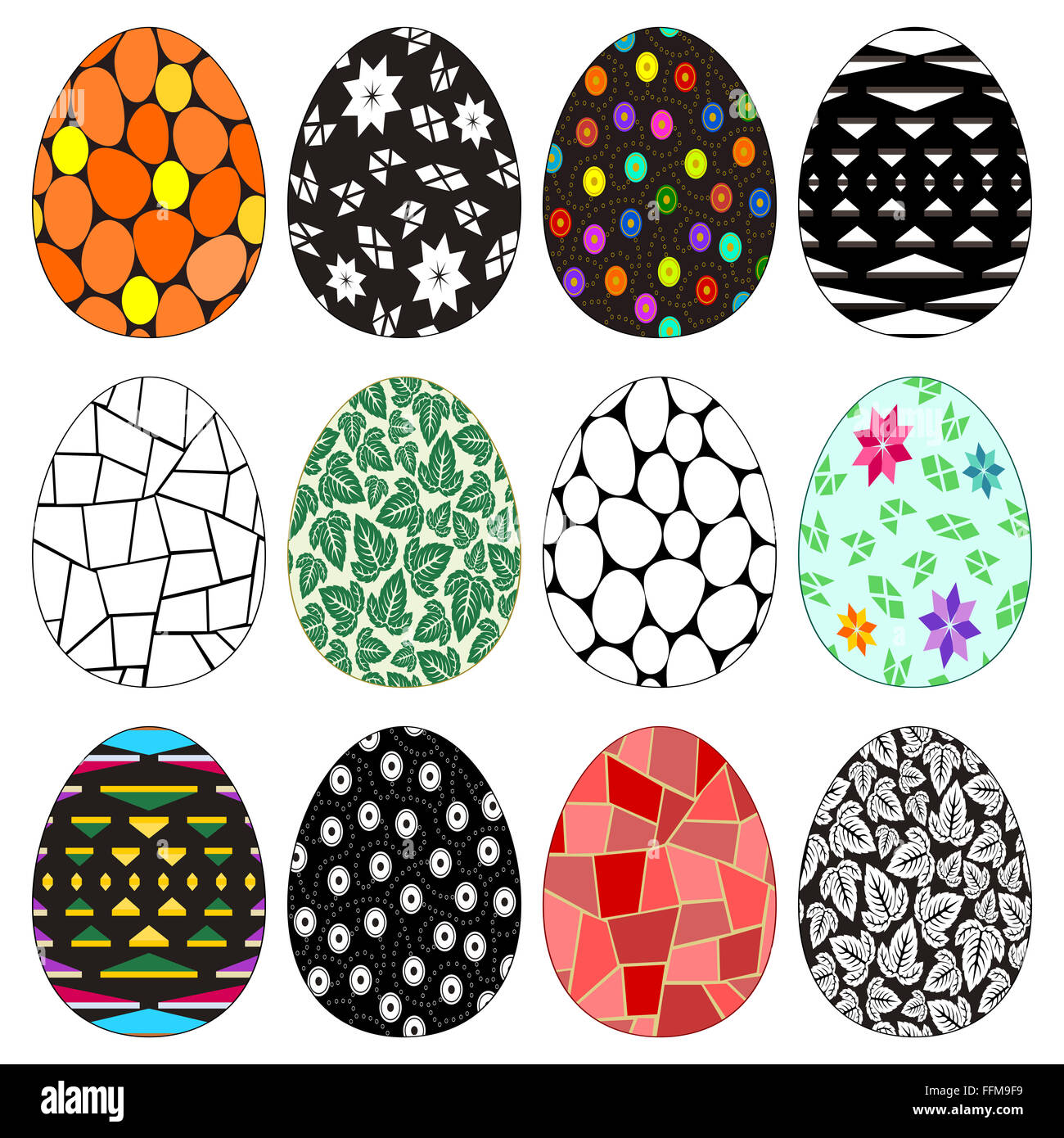 Twelve colorful and monochrome Easter eggs with decorative patterns for ...