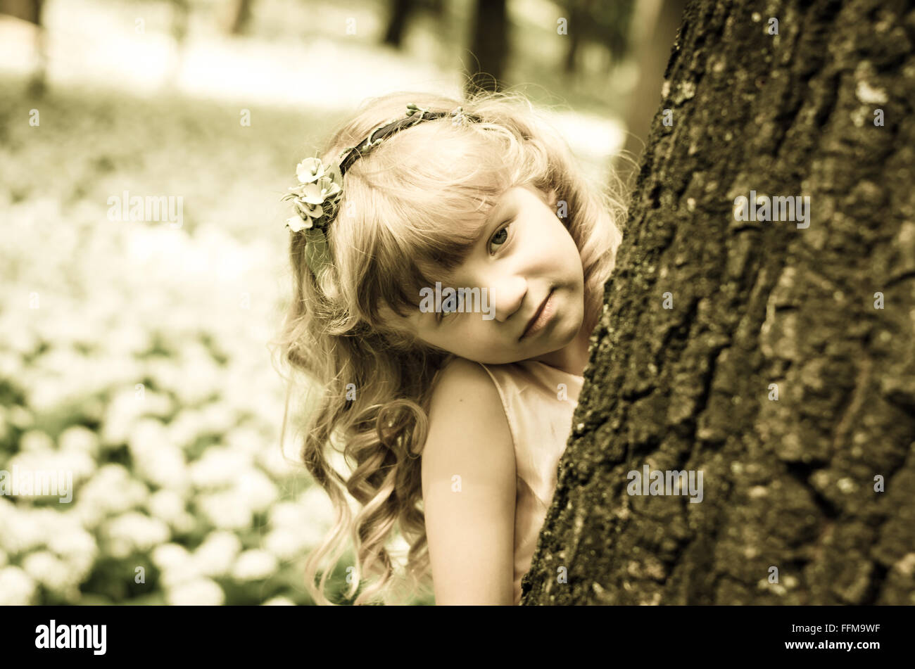 adorable blond girl behind tree trunk in woods sepia tonned Stock Photo ...