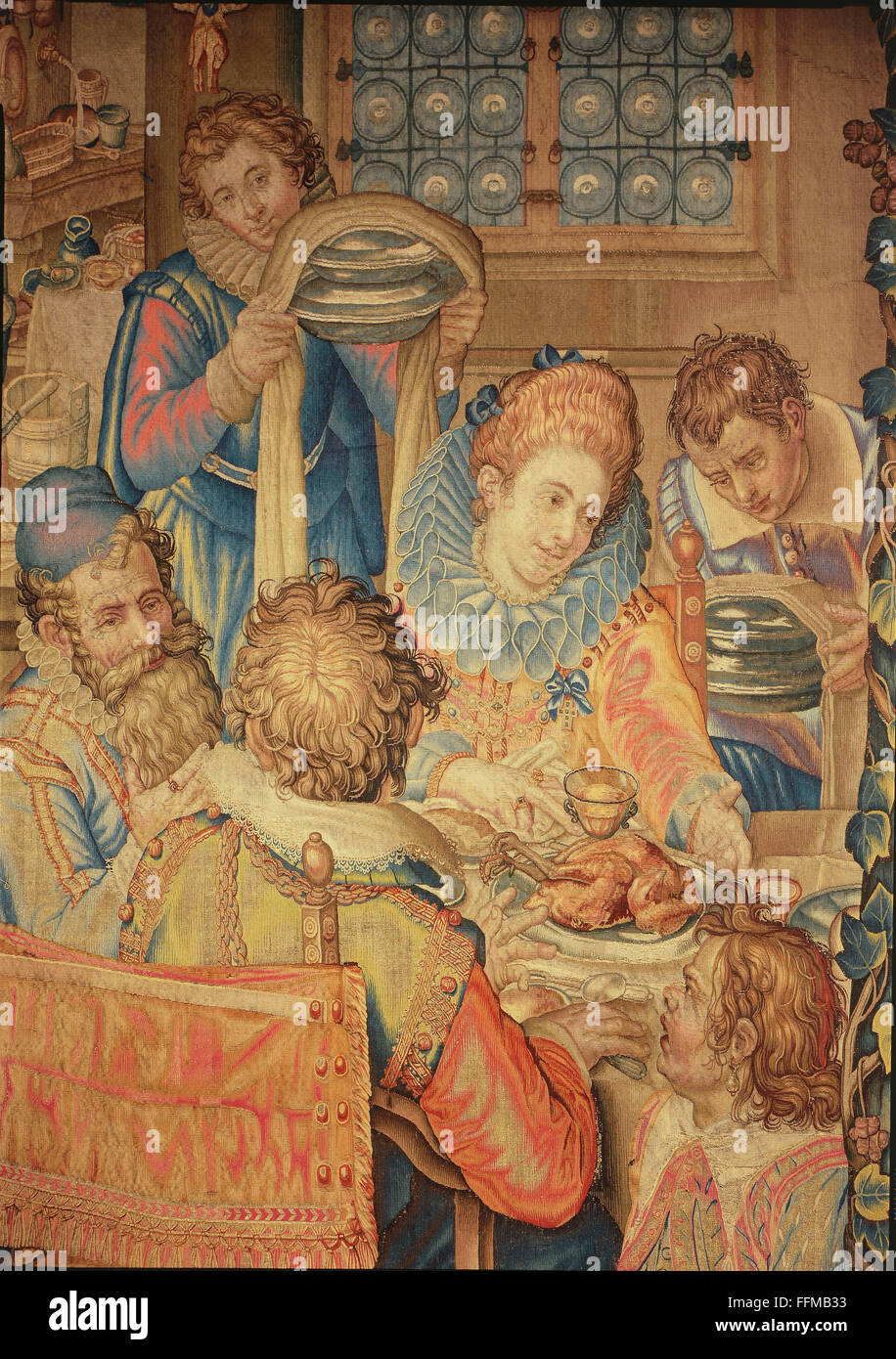 allegories, January, tapestry, detail, party dining, by Hans van der ...