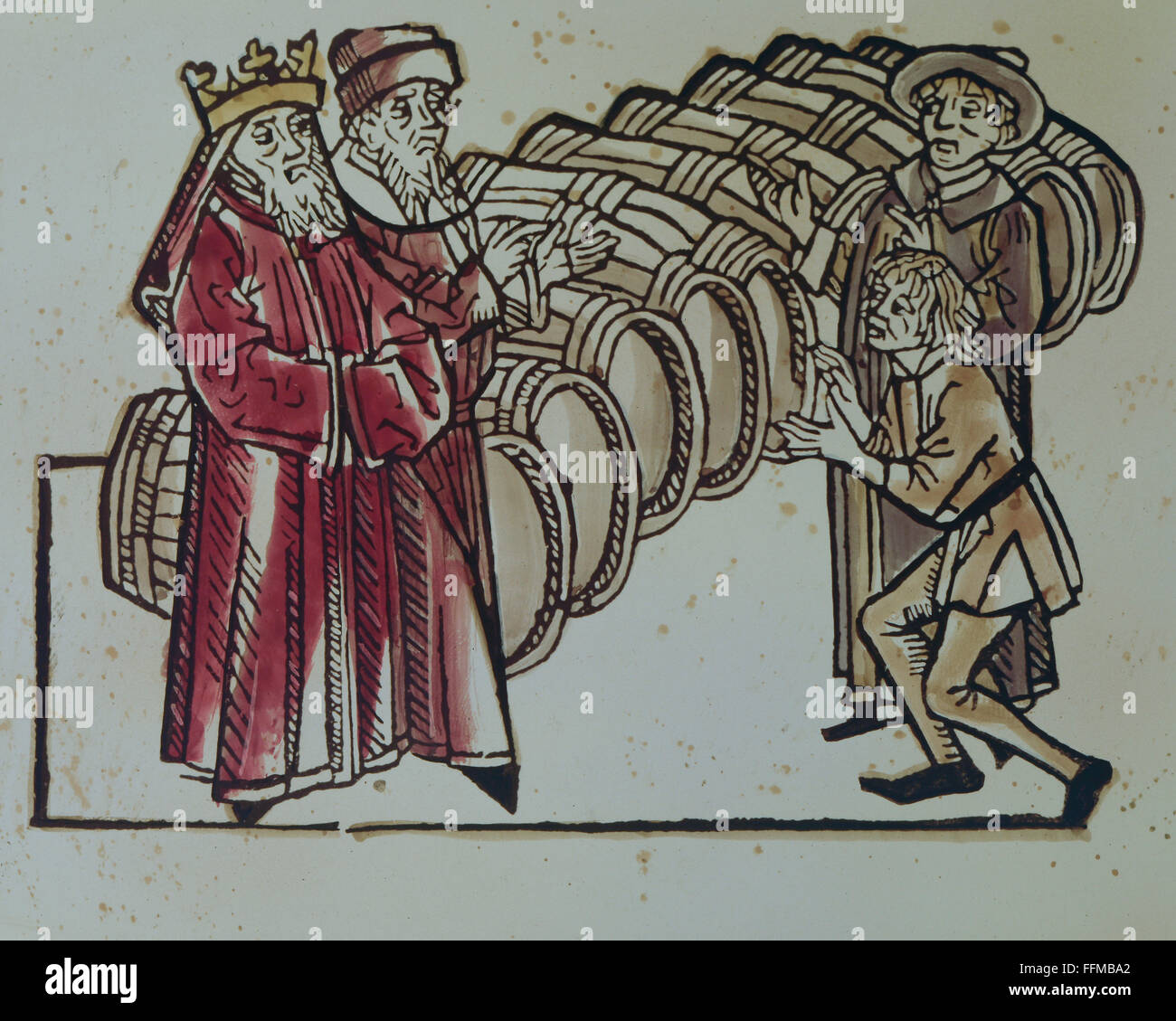 alcohol, grape vine, king in the wine cellar, coloured woodcut, Low ...