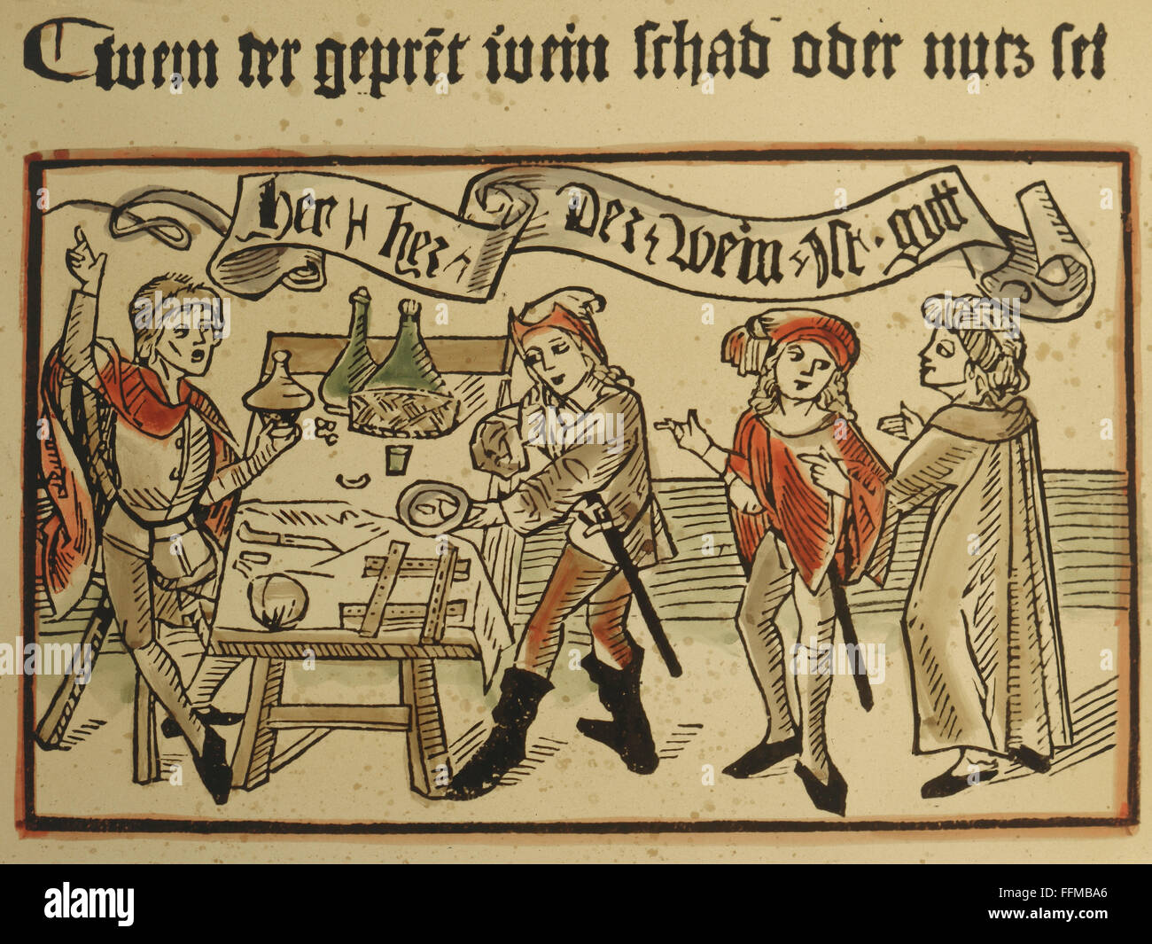 alcohol, schnaps, drinker, coloured, woodcut, title page, from: "Wem ...