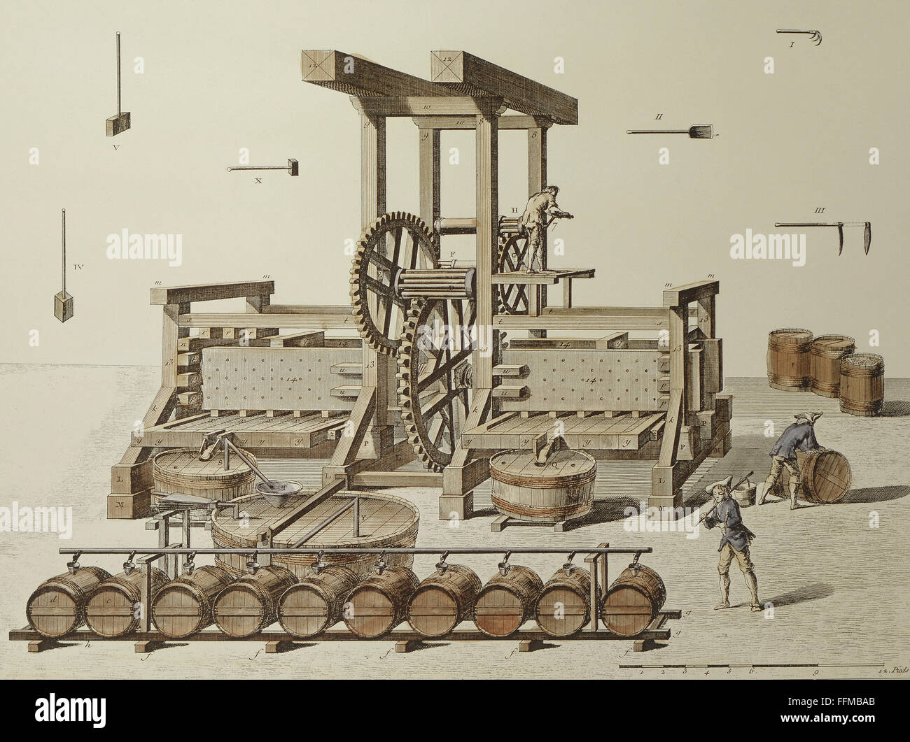 alcohol, grape vine, great winepress / media, coloured copper engraving ...
